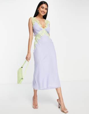 ASOS DESIGN bias cut chiffon midi dress with applique lace in lilac | ASOS