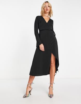 Asos Design Bias Cut Satin Midi Wrap Dress With Tie Waist In Black