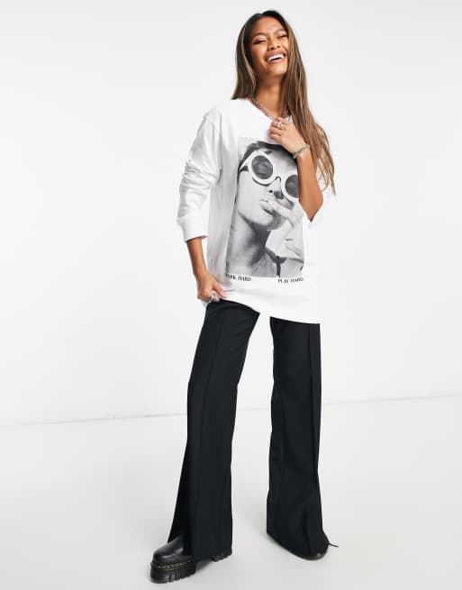 Asos Design Biały T Shirt Z Długimi Rękawami I Fotograficznym