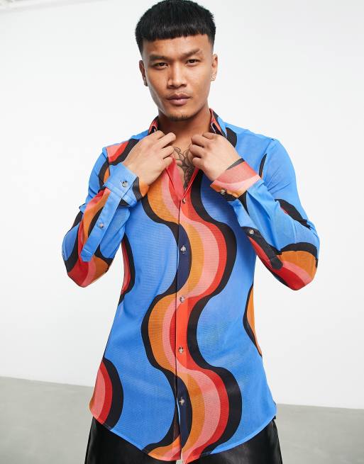 Asos Design Blå Virvelmönstrad Skjorta Av Mesh I Lång Modell Med