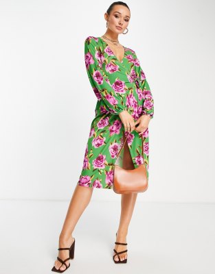 Asos Design Blouson Sleeve Wrap Midi Dress In Green And Purple Floral