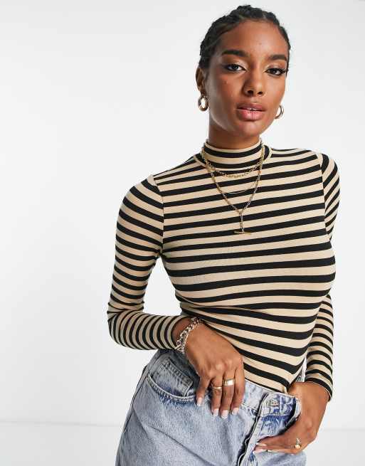 ASOS DESIGN - Body à col montant avec manches longues et rayures - Noir et camel | ASOS