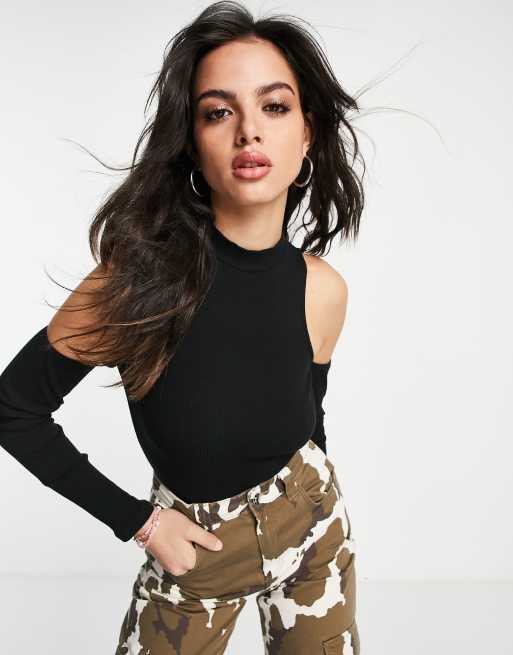 Asos Design Bodysuit With Cold Shoulder In Black Asos