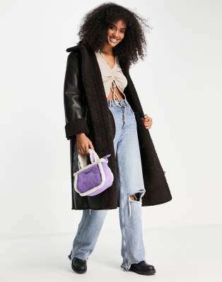 ASOS DESIGN bonded borg fleece-lined collared maxi coat in dark brown ...