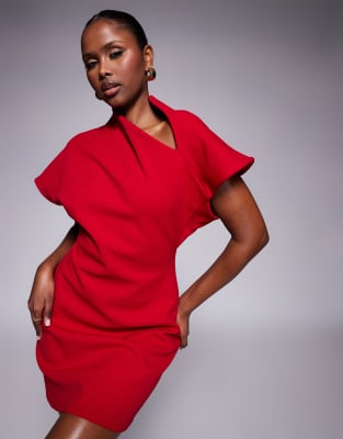 ASOS DESIGN bonded cap sleeve mini dress with slash neck detail in red ...