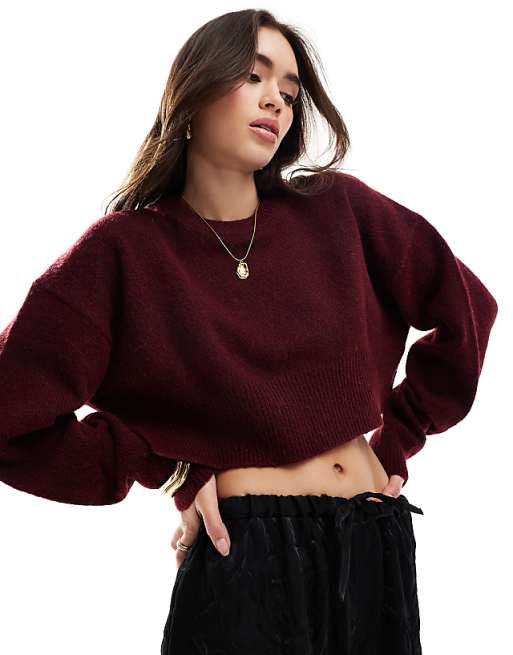 ASOS DESIGN – Bordowy krótki sweter z okrągłym dekoltem i rozcięciem u ... ASOS DESIGN – Bordowy krótki sweter z okrągłym dekoltem i rozcięciem u ...