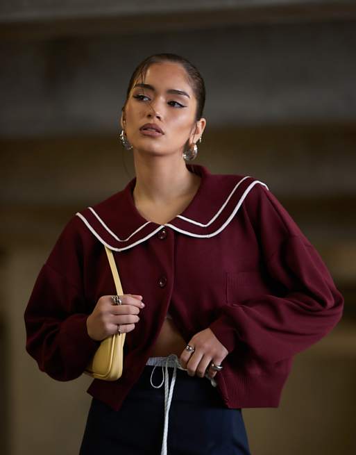 ASOS DESIGN – Bordowy pudełkowy kardigan z kołnierzem | ASOS ASOS DESIGN – Bordowy pudełkowy kardigan z kołnierzem | ASOS
