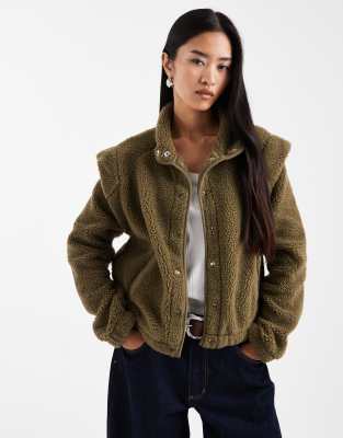 ASOS DESIGN - Borg fleece met puntige schouders en rits in kaki groen ...