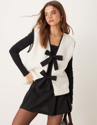 ASOS DESIGN borg fleece vest with bow tie detail in cream | ASOS