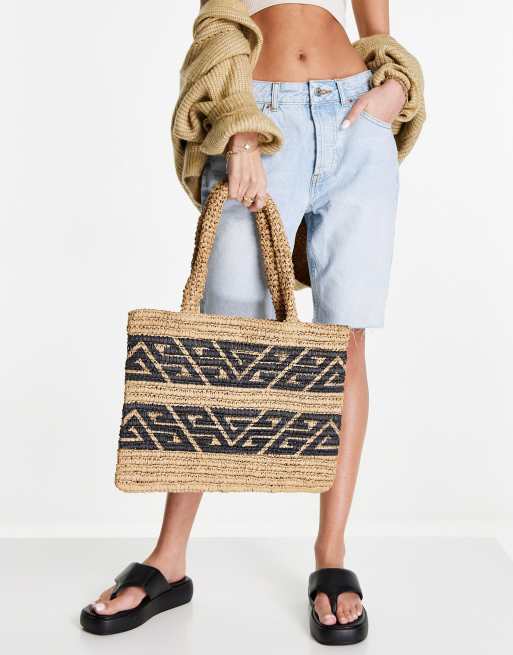 Asos Design Borsa Shopping In Paglia Naturale Con Monogramma Asos