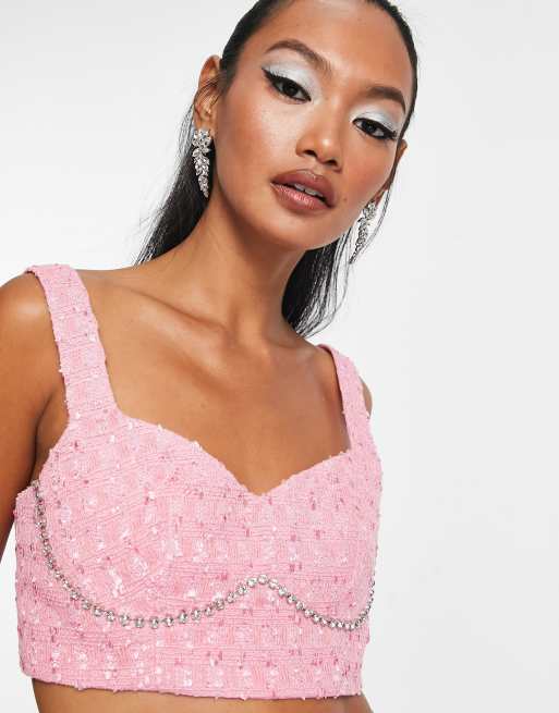 Asos Design Boucle Crop Top With Diamante Detail In Pink Part Of A