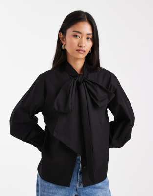 ASOS DESIGN bow neck oversized shirt in black | ASOS
