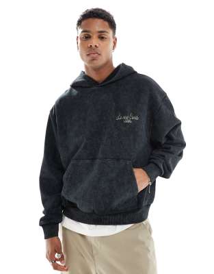 ASOS DESIGN box fit hoodie with print in washed black | ASOS
