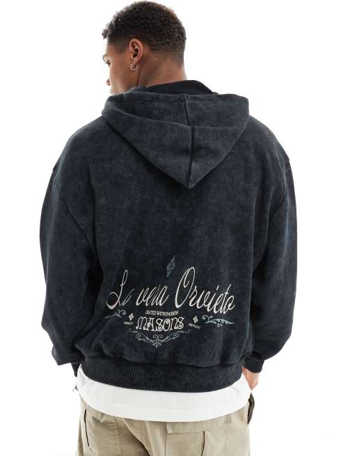 ASOS DESIGN box fit hoodie with print in washed black | ASOS