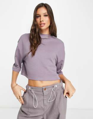 ASOS DESIGN boxy cropped short sleeve sweat in grey purple | ASOS