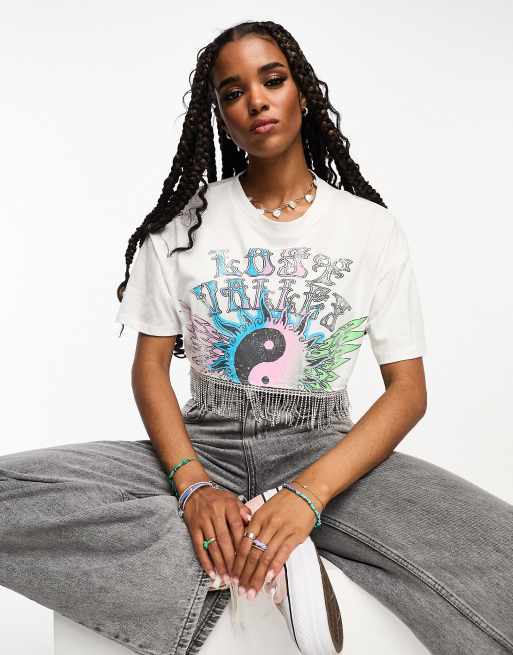 Asos Design Boxy Cropped T Shirt With Festival Graphic And Diamante