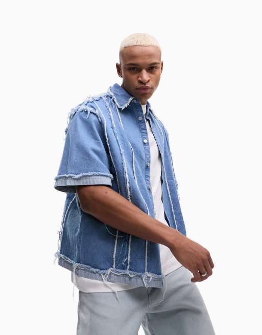 ASOS DESIGN boxy oversized denim shirt with raw edge panelling | ASOS