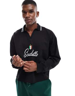 ASOS DESIGN boxy oversized long sleeve polo with chest print in black ...