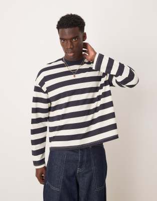 ASOS DESIGN boxy oversized long sleeve t-shirt in navy and white stripe ...