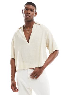 ASOS DESIGN boxy oversized overhead deep revere shirt in stone | ASOS