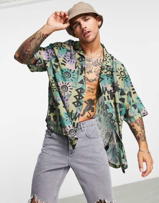 Asos Design Boxy Oversized Revere Shirt In Vintage Inspired Print Asos