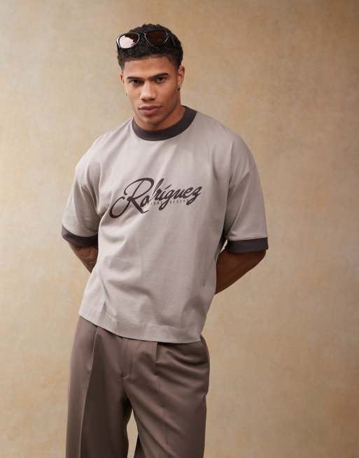 ASOS DESIGN boxy oversized ringer T-shirt with text graphic in brown | ASOS