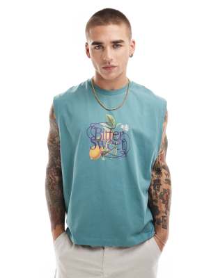 ASOS DESIGN boxy oversized tank singlet with chest print in blue | ASOS