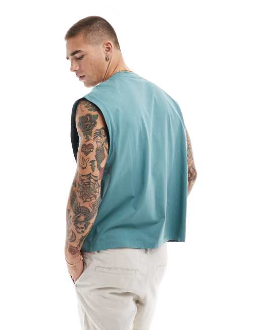 ASOS DESIGN boxy oversized tank top with chest print in blue | ASOS