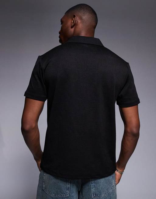 ASOS DESIGN boxy polo shirt with deep neckline in black texture | ASOS