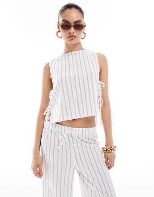 ASOS DESIGN boxy top with tie sides in natural stripe - part of a set ...