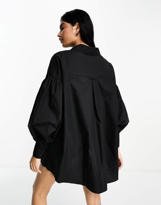 ASOS DESIGN boyfriend shirt mini dress with blouson sleeve in black | ASOS