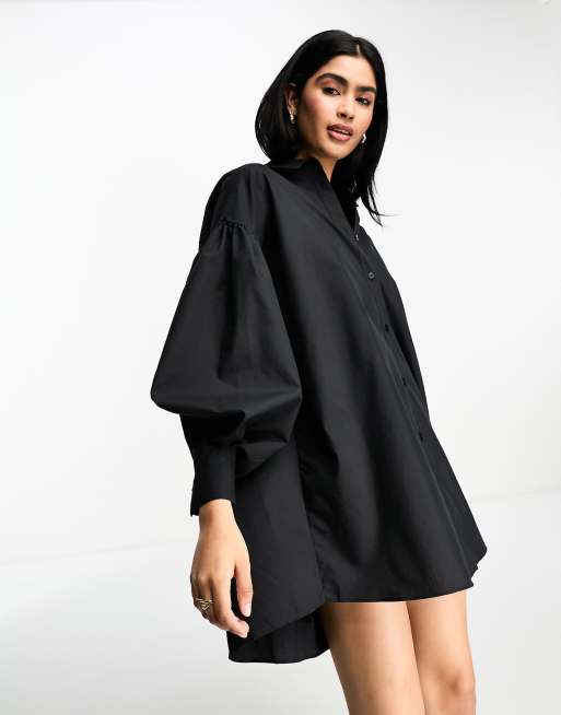 ASOS DESIGN boyfriend shirt mini dress with blouson sleeve in black | ASOS