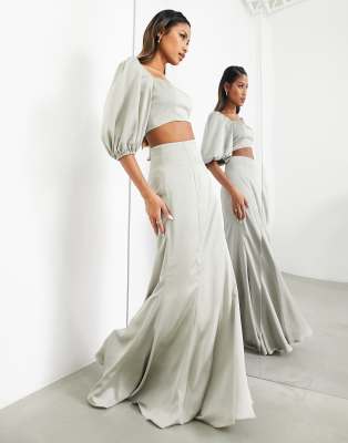 ASOS DESIGN Bridesmaid satin fishtail maxi skirt in sage green - part ...
