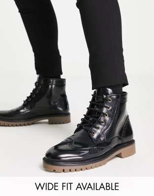 ASOS DESIGN brogue lace up boot in black polished leather with contrast ...