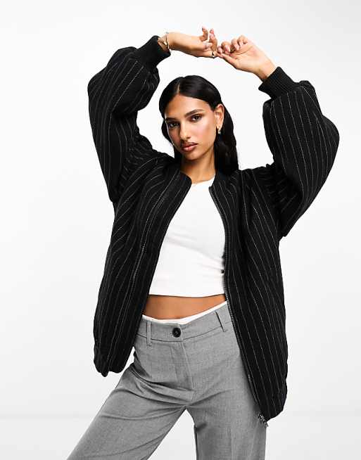 ASOS DESIGN brushed bomber jacket in black pinstripe | ASOS ASOS DESIGN brushed bomber jacket in black pinstripe | ASOS