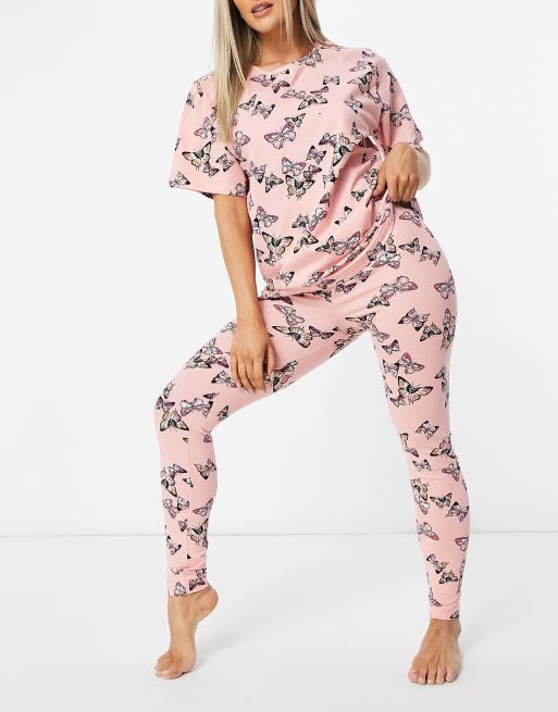 Asos Design Butterfly Oversized Tee And Legging Pyjama Set In Pink Asos