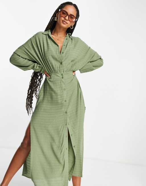 Asos Design Button Front Maxi Beach Shirt Dress In Texture In Khaki Asos