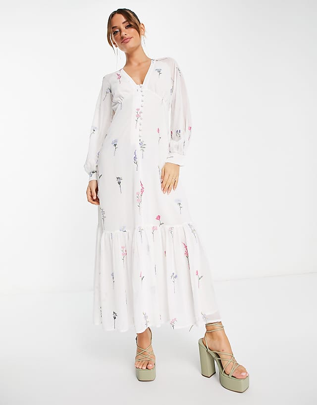ASOS DESIGN button through embroidered maxi tea dress in white | ASOS ASOS DESIGN button through embroidered maxi tea dress in white | ASOS