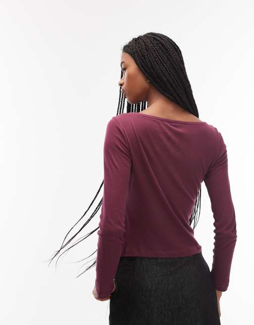 ASOS DESIGN button through long sleeve second skin top in fig | ASOS