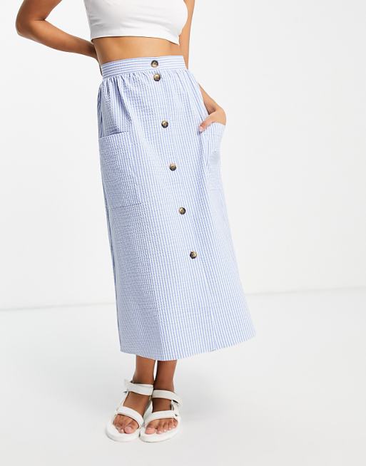 ASOS DESIGN button through midi skirt in blue seersucker | ASOS ASOS DESIGN button through midi skirt in blue seersucker | ASOS