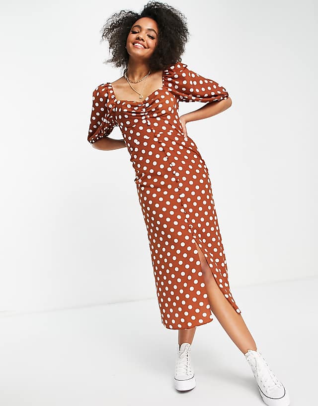 ASOS DESIGN button through midi tea dress in rust spot | ASOS ASOS DESIGN button through midi tea dress in rust spot | ASOS