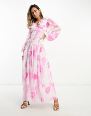 ASOS DESIGN button through pintuck maxi dress with lace inserts in ...