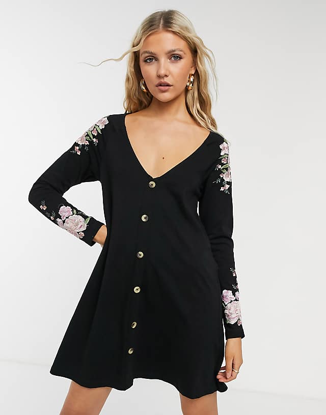 ASOS DESIGN button through tea dress with shoulder embroidery in black ... ASOS DESIGN button through tea dress with shoulder embroidery in black ...