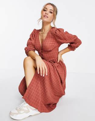 ASOS DESIGN button through textured midi tea dress in rust | ASOS