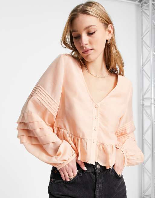 ASOS DESIGN button through top with pleated sleeve in peach | ASOS