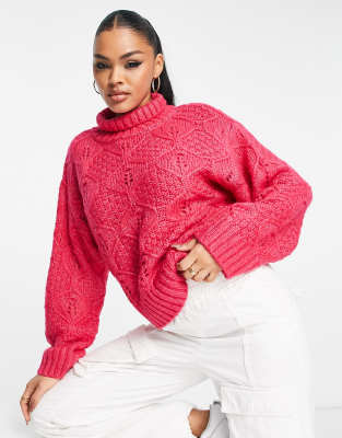 ASOS DESIGN cable jumper with high neck in pink | ASOS