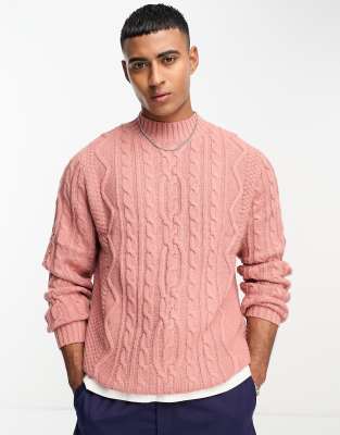 ASOS DESIGN cable knit turtle neck jumper in light pink | ASOS