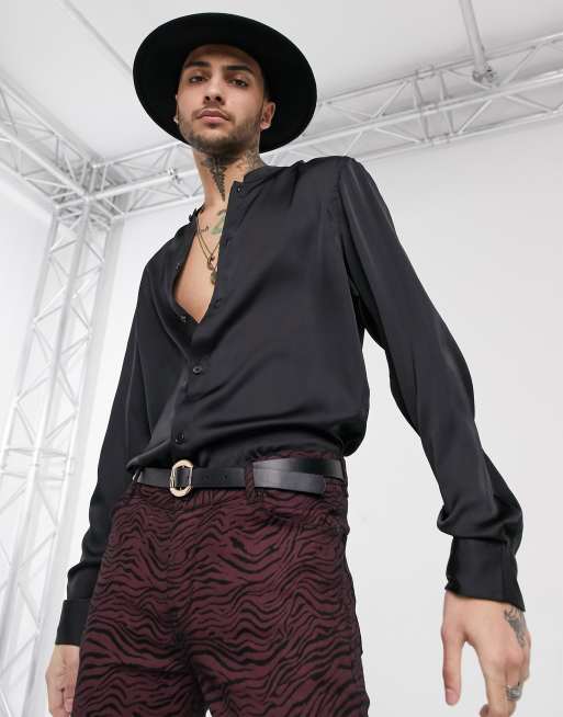 Asos Design Camicia In Raso Con Collo Alla Coreana Nera Vestibilità
