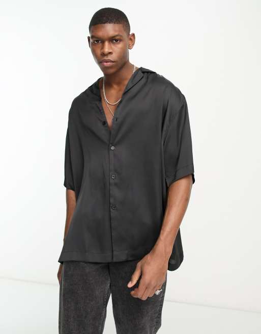ASOS DESIGN - Camicia oversize taglio lungo nera in raso | ASOS