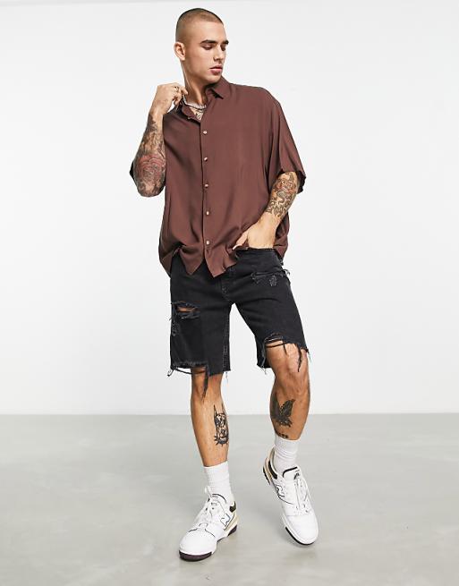 ASOS DESIGN - Camicia squadrata oversize in viscosa marrone | ASOS ASOS DESIGN - Camicia squadrata oversize in viscosa marrone | ASOS